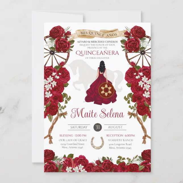 Quinceanera Charra Elegant Red Roses Quince Anos Invitation | Zazzle
