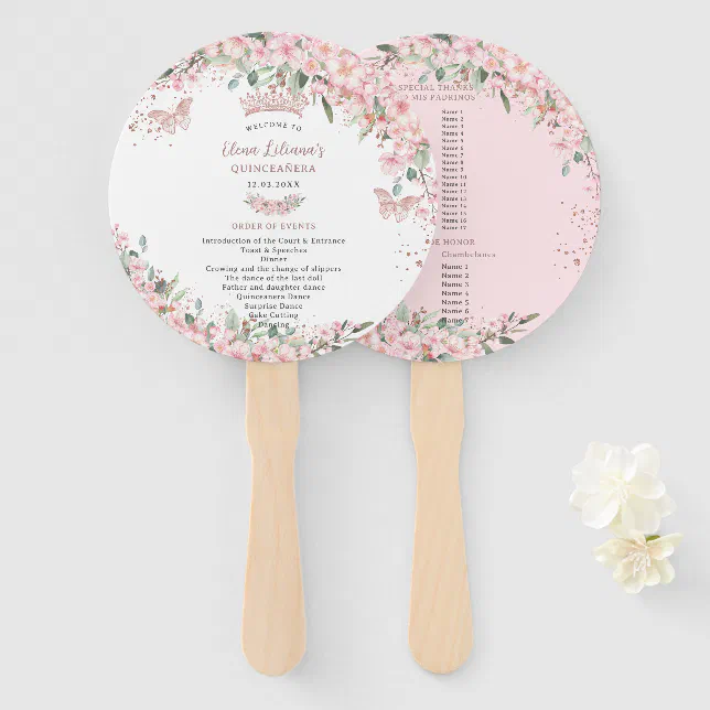 Quinceañera Cherry Blossoms Rose Gold Program Hand Fan | Zazzle
