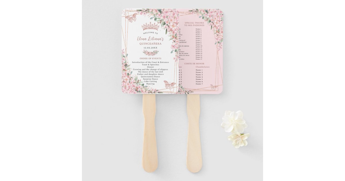 Quinceañera Cherry Blossoms Rose Gold Program Hand Fan | Zazzle