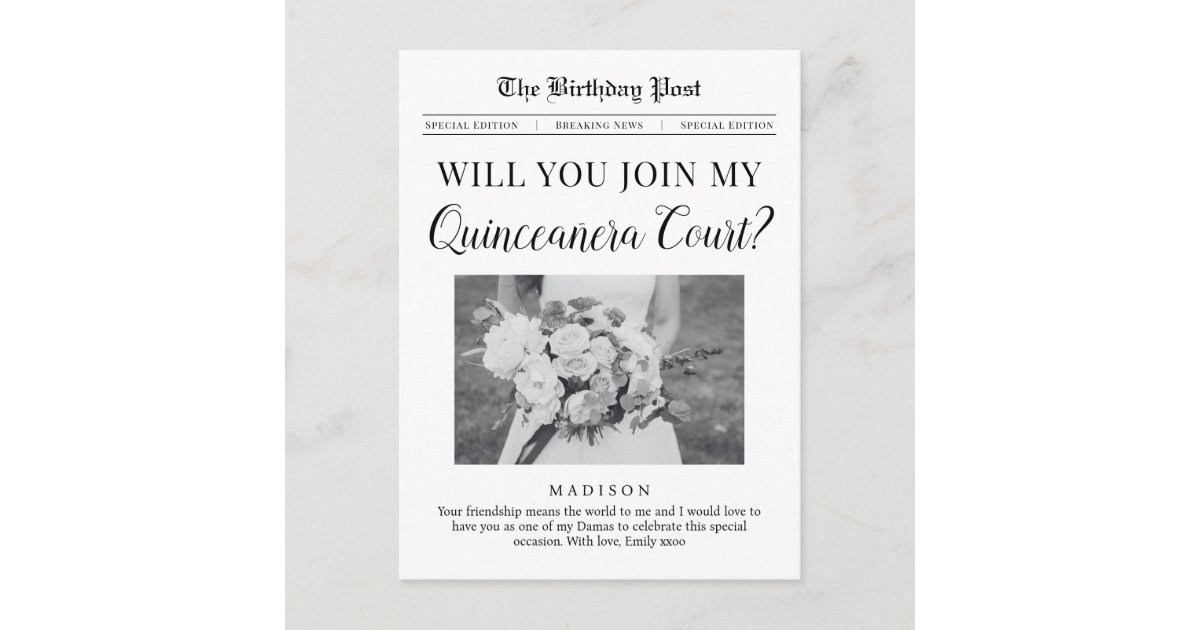Quinceañera Court Proposal Newspaper Postcard | Zazzle