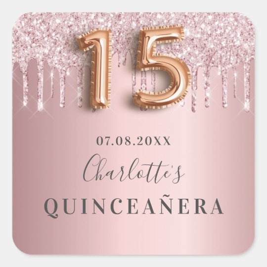 Quinceanera dusty rose pink glitter monogram square sticker | Zazzle.com