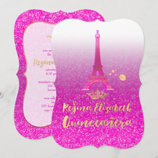 Quinceanera/Eiffel/Neon Pink/Princess/Crown Invitation | Zazzle