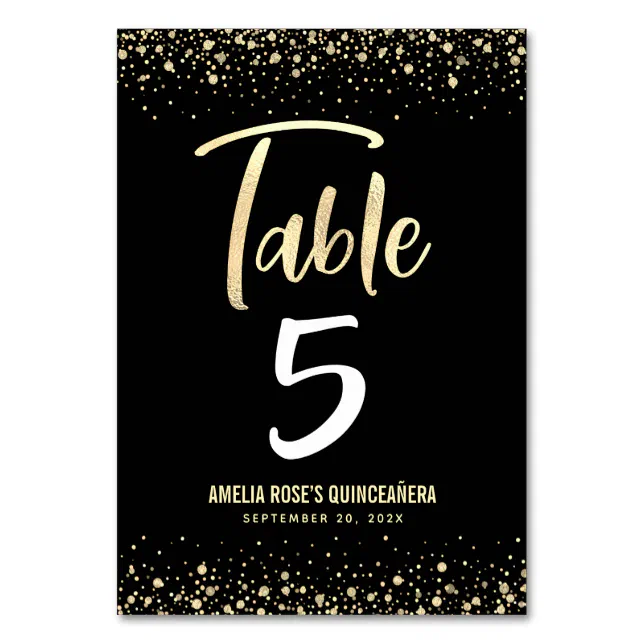 Quinceañera Elegant Black Gold Script Glitter Foil Table Number | Zazzle