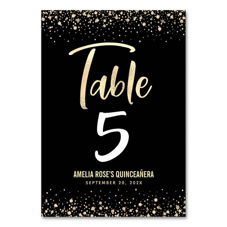 Quinceañera Elegant Black Gold Script Glitter Foil Table Number | Zazzle