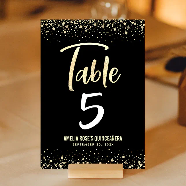 Quinceañera Elegant Black Gold Script Glitter Foil Table Number | Zazzle