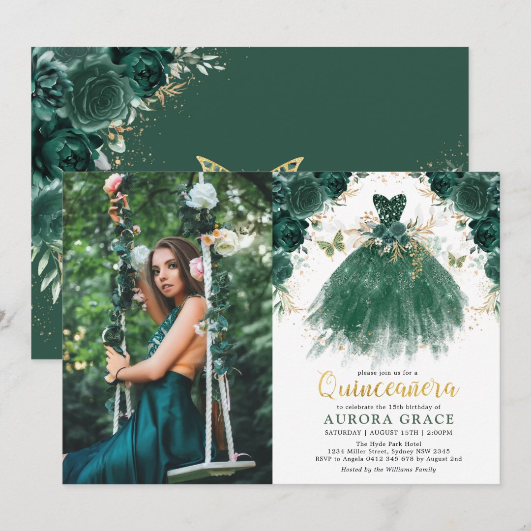 Quinceañera Emerald Green Enchanted Forest Floral Invitation | Zazzle