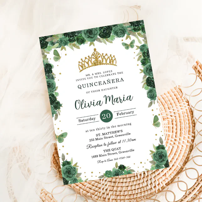Quinceañera Emerald Green Floral Butterflies Tiara Invitation | Zazzle