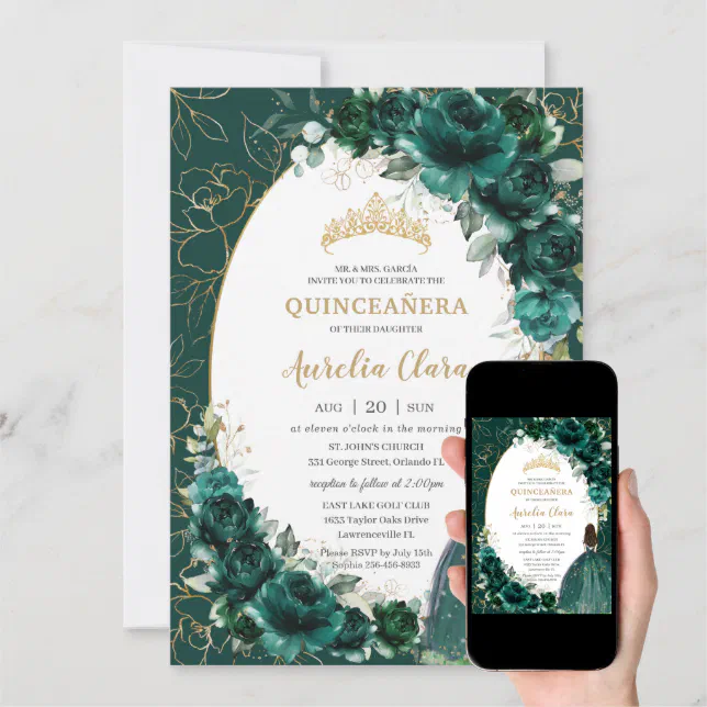 Quinceañera Emerald Green Gold Floral Princess Invitation | Zazzle Quinceañera Emerald Green Gold Floral Princess Invitation | Zazzle