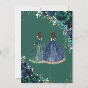 Quinceañera Emerald Green Navy Blue Floral Twins Invitation | Zazzle