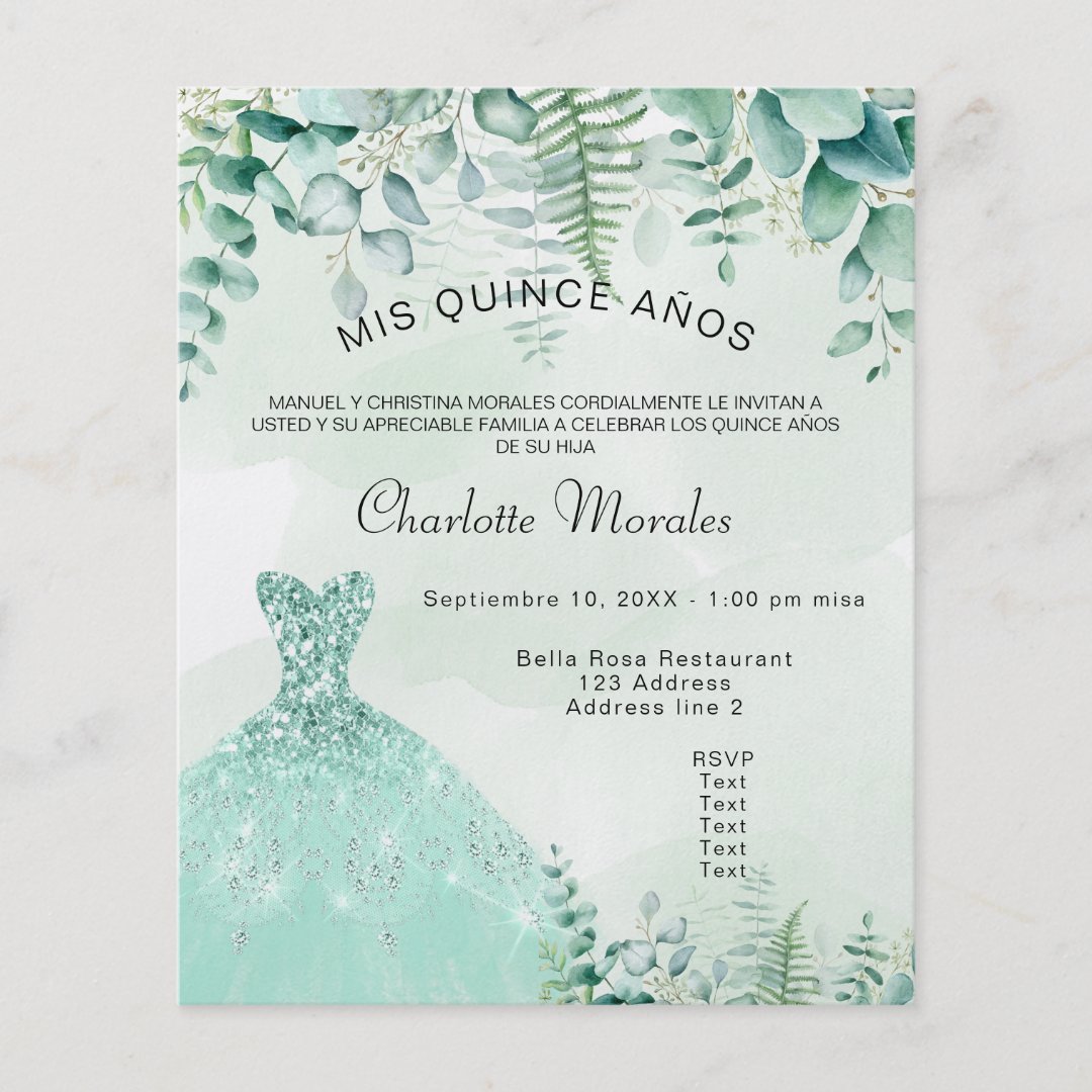 Quinceanera enchanted forest ferns dress budget flyer | Zazzle