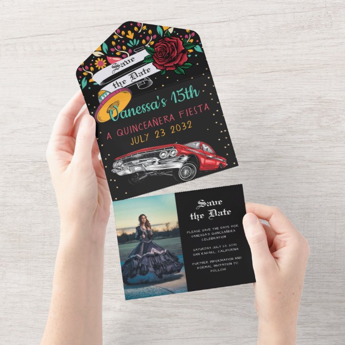 Quinceañera fiesta Floral lowrider save the date All In One Invitation ...