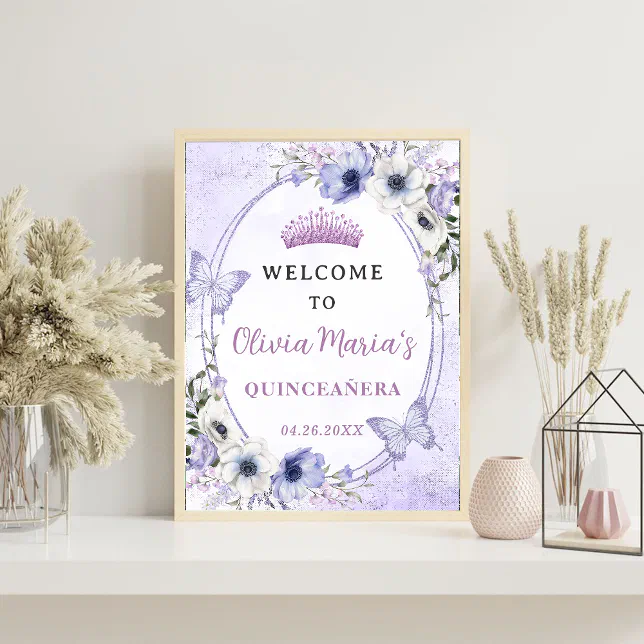 Quinceañera Floral Butterflie Tiara Welcome Sign | Zazzle