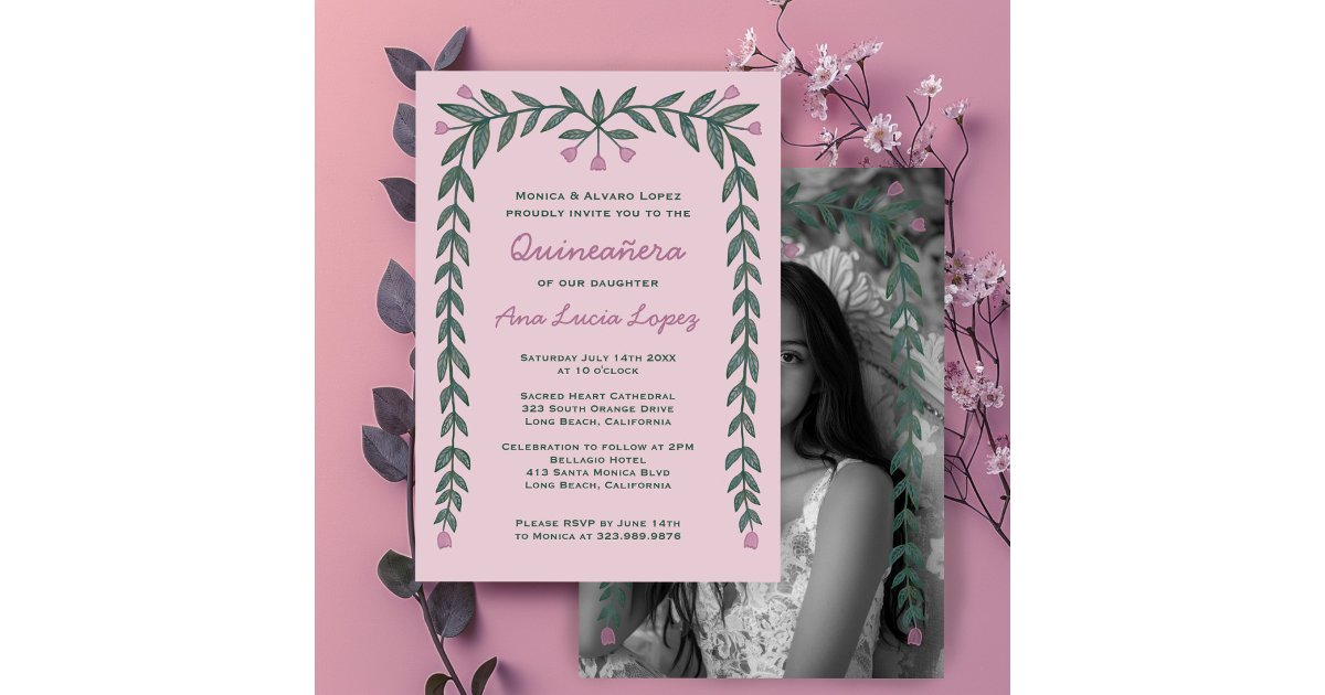 Quinceañera Floral Frame Custom Photo Invitation | Zazzle