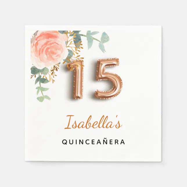 Quinceanera floral rose gold eucalyptus monogram napkins | Zazzle