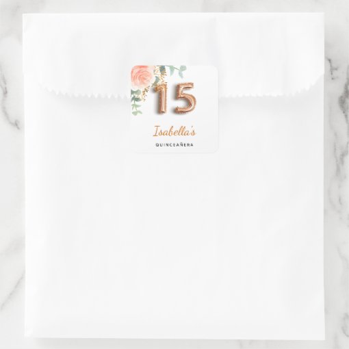 Quinceanera floral rose gold eucalyptus monogram square sticker | Zazzle