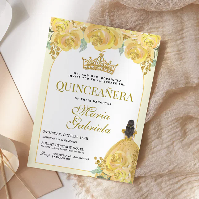 Quinceanera Floral Yellow Gold Mis Quince Anos Invitation | Zazzle