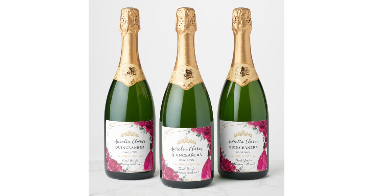 Quinceañera Fuchsia Pink Floral Princess Gown Gold Sparkling Wine Label ...