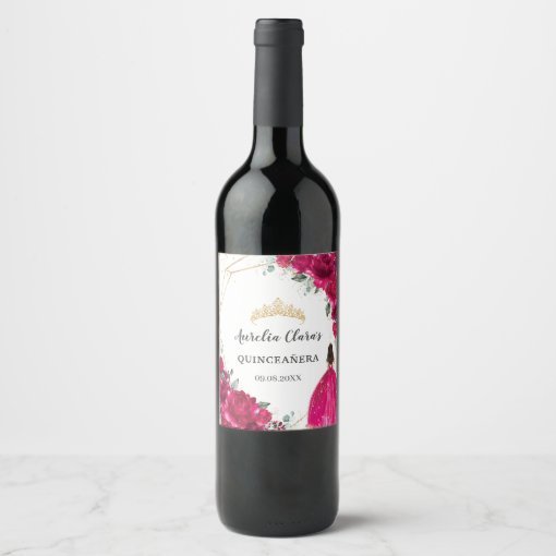 Quinceañera Fuchsia Pink Floral Princess Gown Gold Wine Label | Zazzle
