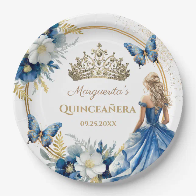 Quinceañera Girl Blue Floral Gold Tiara Butterfly Paper Plates | Zazzle