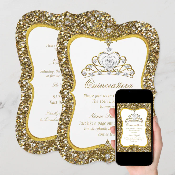 Quinceanera Glitter Gold White Pearl Tiara Invite | Zazzle