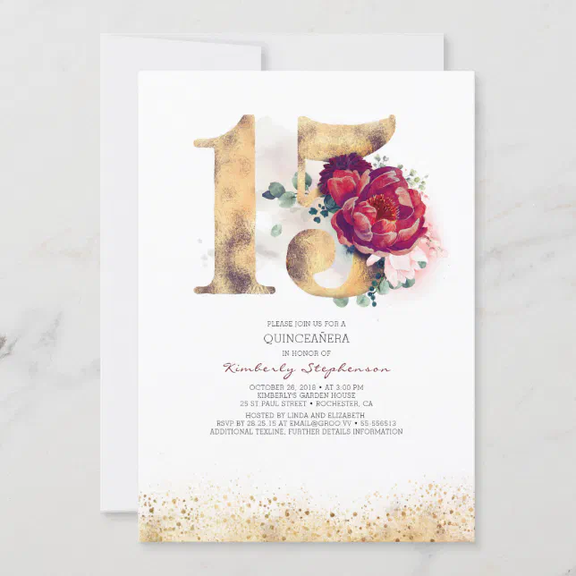 Quinceanera Gold and Burgundy Red 15th Birthday Invitation | Zazzle