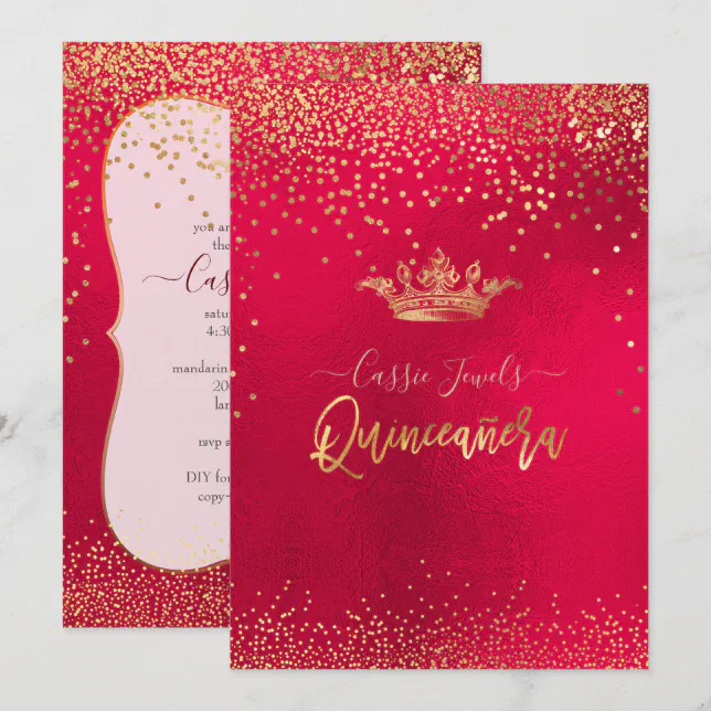 Quinceanera Gold Confetti+Princess Crown Invitation | Zazzle