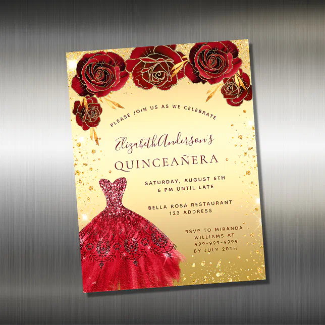 Quinceanera gold red dress invitation magnet | Zazzle