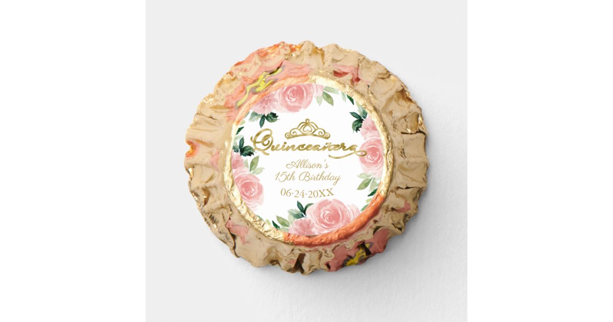 Quinceanera Gold Tiara Blush Floral Reese's Peanut Butter Cups | Zazzle