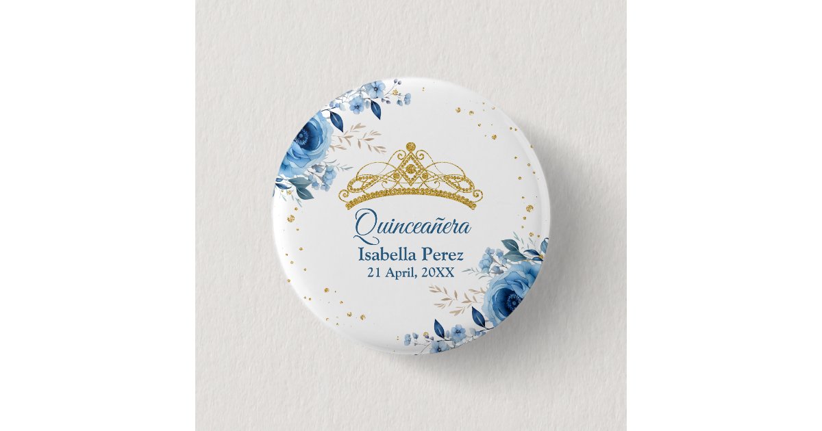 Quinceanera Gold Tiara Glitter and Blue Floral Button | Zazzle