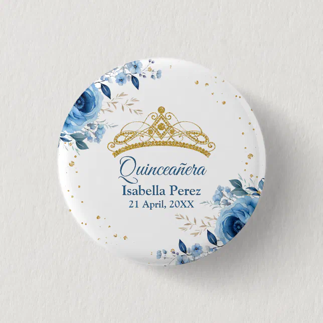 Quinceanera Gold Tiara Glitter and Blue Floral Button | Zazzle