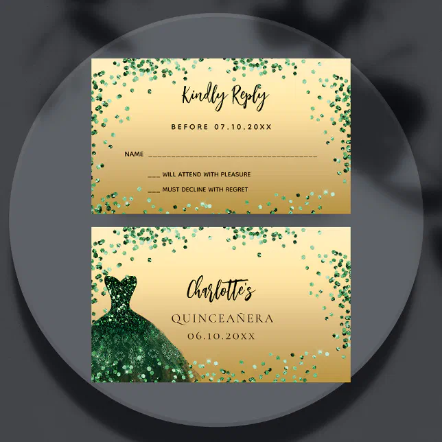 Quinceanera green dress gold RSVP card | Zazzle