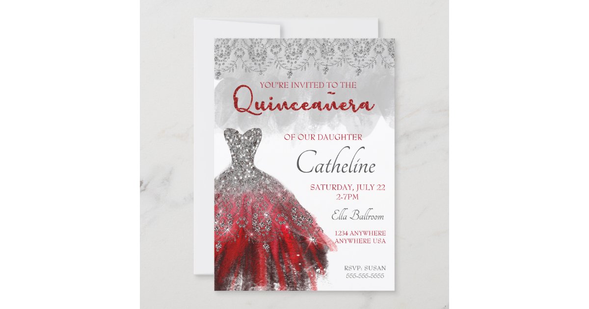 Quinceanera Invitation red silver 15th birthday | Zazzle