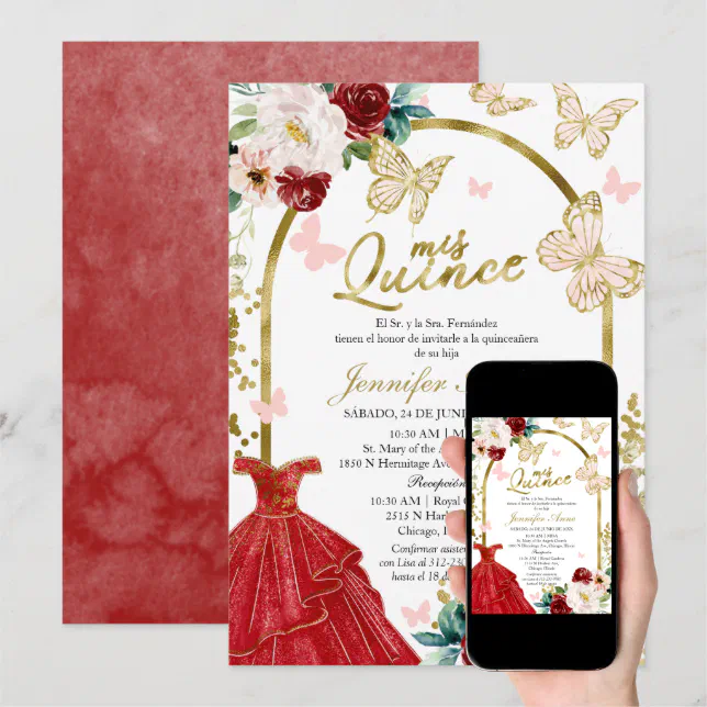 Quinceanera Invitations Butterfly Red Spanish | Zazzle