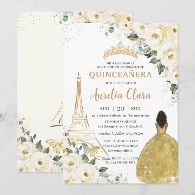 Quinceañera Ivory Floral Paris Gold Brown Princess Invitation | Zazzle