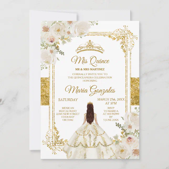 Quinceanera Ivory White Gold Floral Birthday Crown Invitation | Zazzle