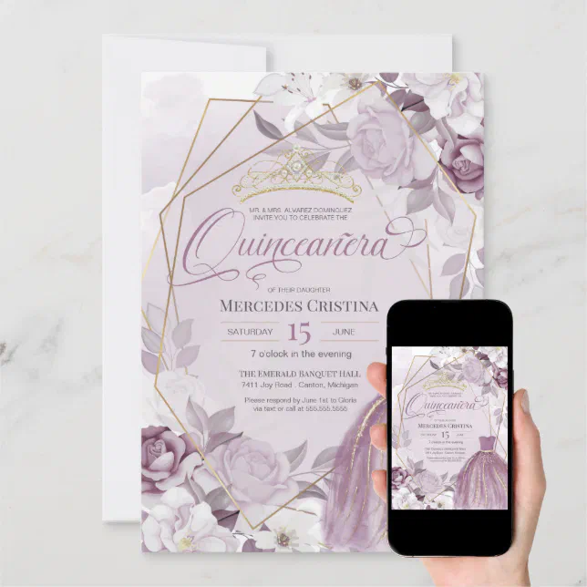 Quinceañera lavender purple elegant fancy Tiara Invitation | Zazzle
