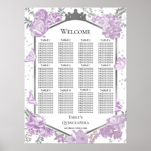 Quinceanera Lavender Seating Chart Sign Butterflys | Zazzle