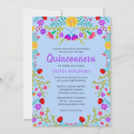 Quinceanera Light Blue Mexican Flowers Birthday Invitation | Zazzle