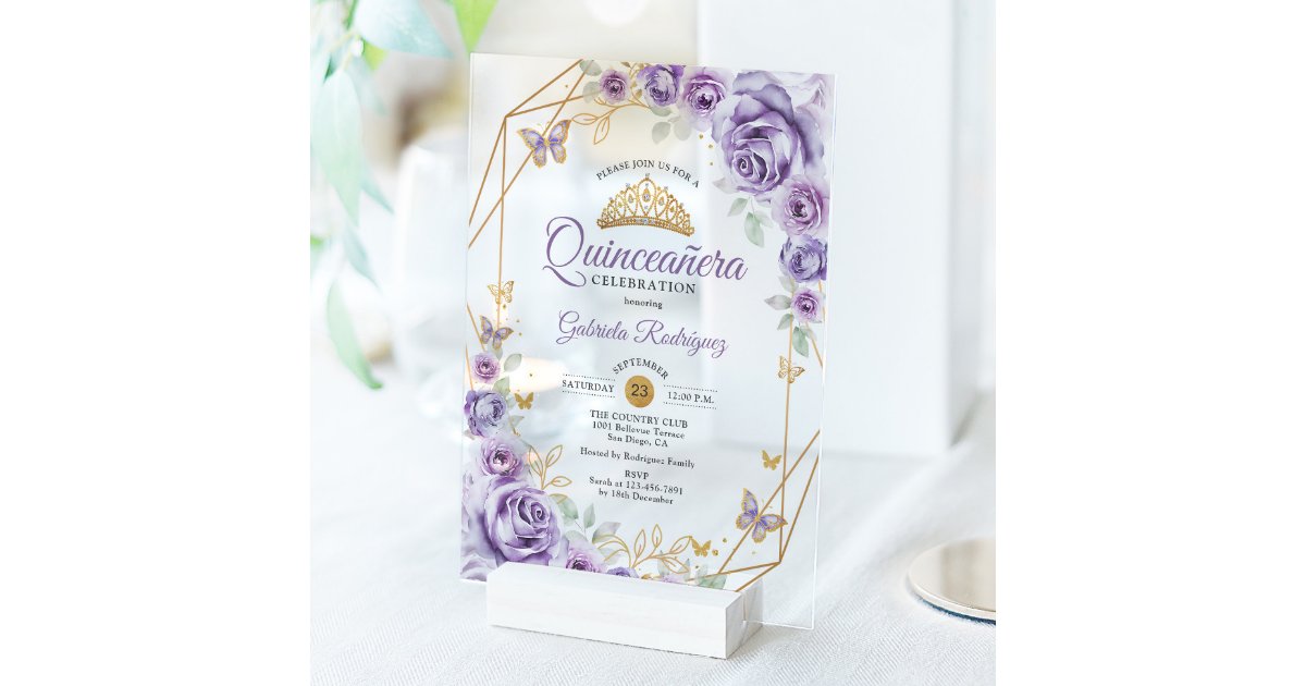 Quinceanera Lilac Purple Floral Acrylic Invitations | Zazzle