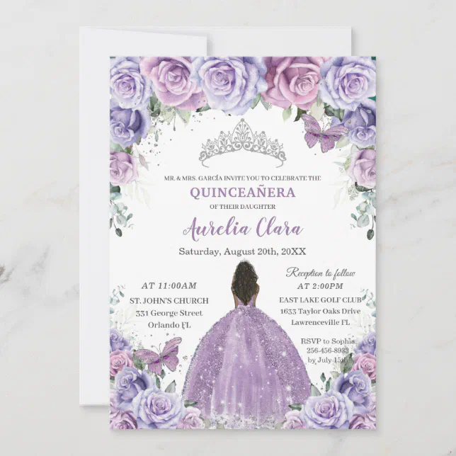 Quinceañera Lilac Purple Flowers Brown Princess Invitation | Zazzle