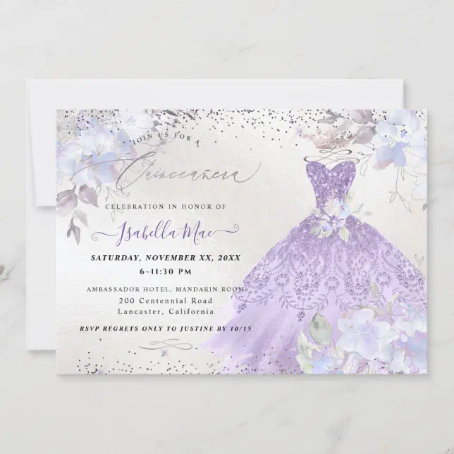 Quinceanera Lilac Purple Silver Glitter Gown Invitation | Zazzle