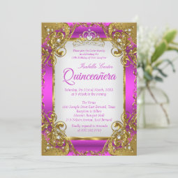 Quinceanera Magenta Golden Pearl Tiara Party Invitation | Zazzle
