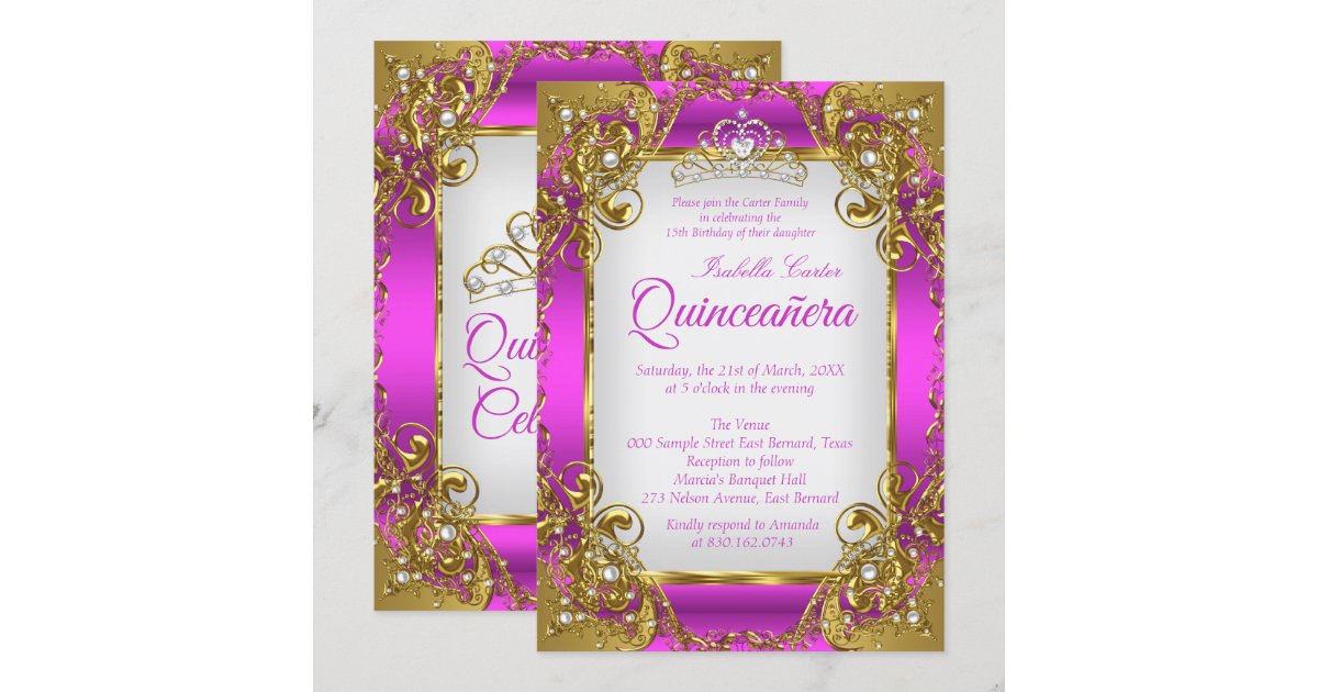 Quinceanera Magenta Golden Pearl Tiara Party Invitation | Zazzle