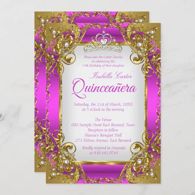 Quinceanera Magenta Golden Pearl Tiara Party Invitation | Zazzle