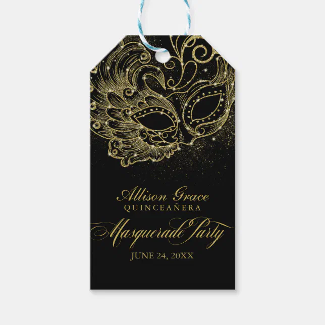 Quinceanera Masquerade Party Gold Black Gift Tags | Zazzle
