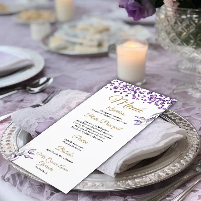 Quinceañera Menú de cena de follaje morado español Menu | Zazzle