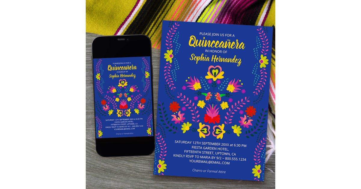 Quinceanera Mexican Party Flowers Blue Birthday Invitation | Zazzle