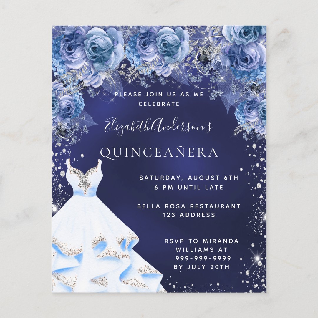 Quinceanera navy blue dress floral invitation | Zazzle