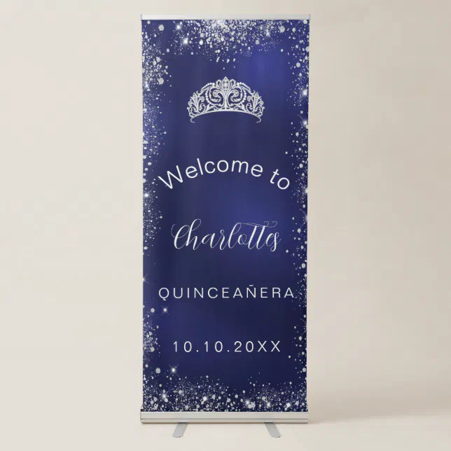 Quinceanera navy blue silver glitter welcome retractable banner | Zazzle