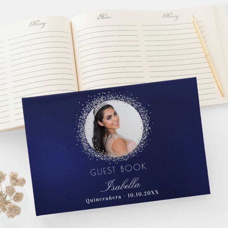 Quinceanera navy blue silver photo glamorous guest book | Zazzle
